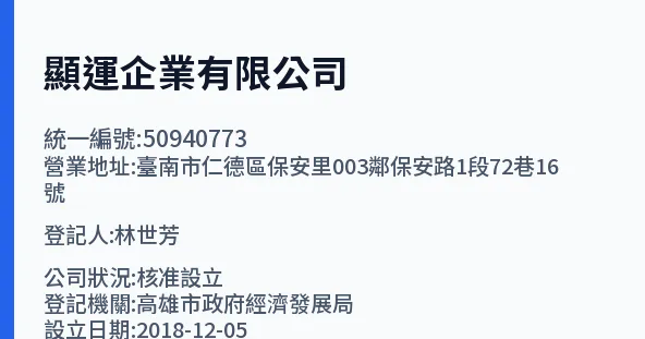 顯運企業有限公司的照片-統編 50940773(臺南市) 公司登記資料與營業項目詳細圖表