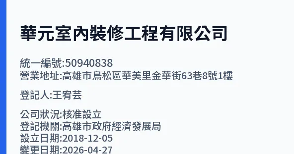 華元室內裝修工程有限公司的照片-統編 50940838(高雄市) 公司登記資料與營業項目詳細圖表