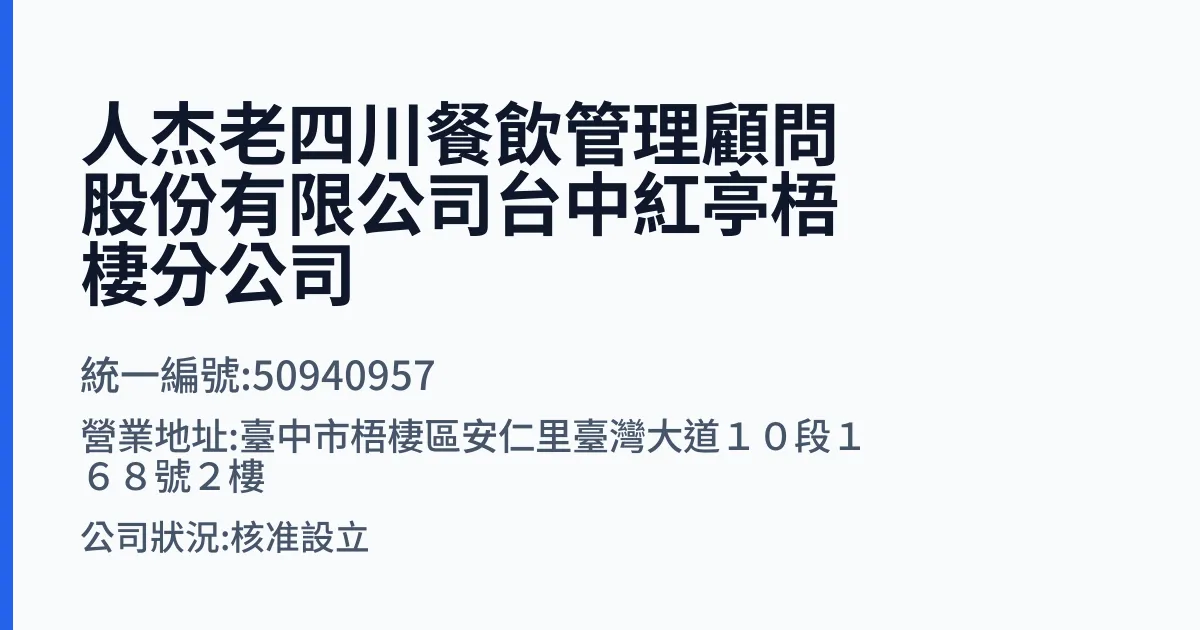 人杰老四川餐飲管理顧問股份有限公司台中紅亭梧棲分公司 - 統編 50940957(臺中市) 公司登記資料與營業項目詳細圖表