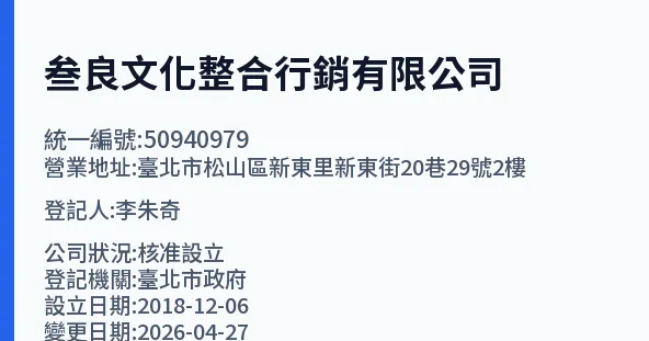 叁良文化整合行銷有限公司的照片-統編 50940979(臺北市) 公司登記資料與營業項目詳細圖表