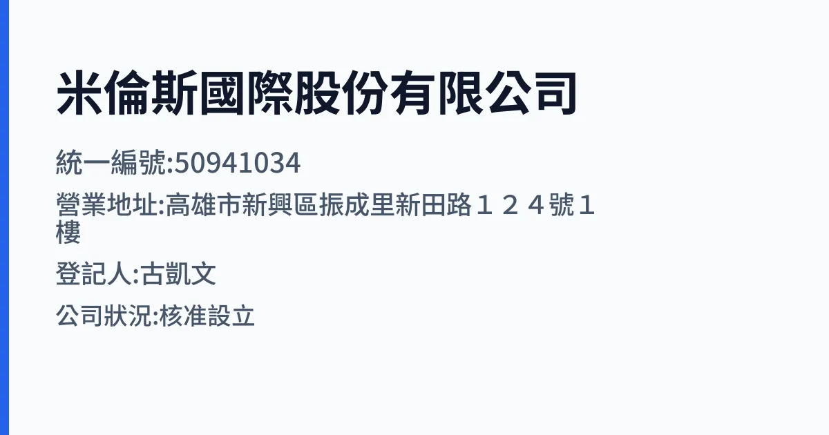 米倫斯國際股份有限公司 - 統編 50941034(高雄市) 公司登記資料與營業項目詳細圖表
