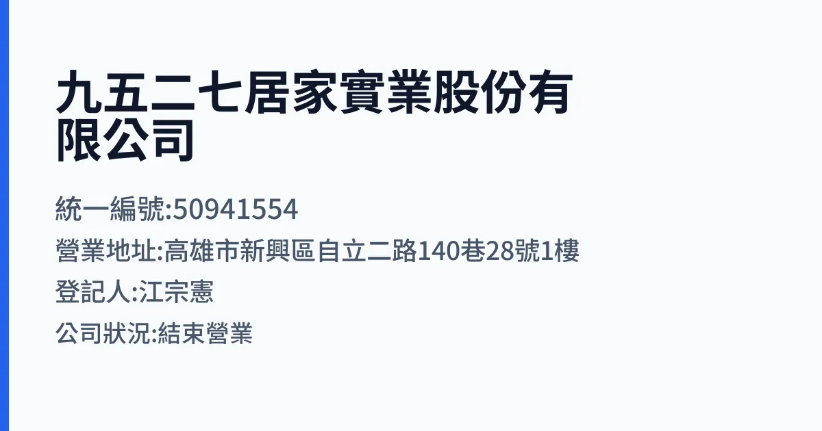九五二七居家實業股份有限公司 - 統編 50941554(高雄市) 公司登記資料與營業項目詳細圖表