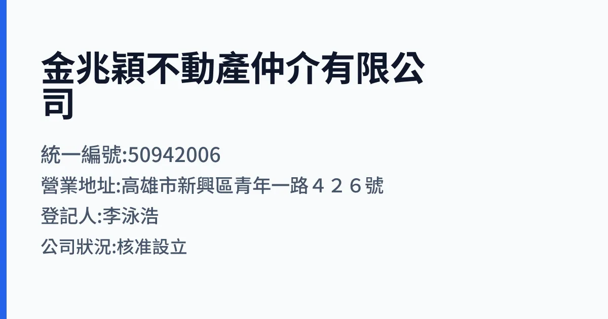 金兆穎不動產仲介有限公司 - 統編 50942006(高雄市) 公司登記資料與營業項目詳細圖表