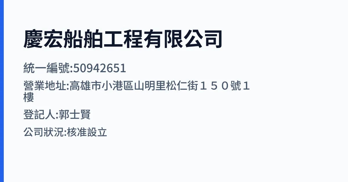慶宏船舶工程有限公司 - 統編 50942651（高雄市） 公司登記資料與營業項目詳細圖表