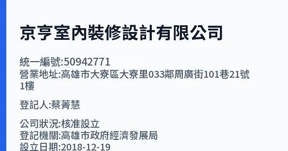 京亨室內裝修設計有限公司的照片-統編 50942771(高雄市) 公司登記資料與營業項目詳細圖表