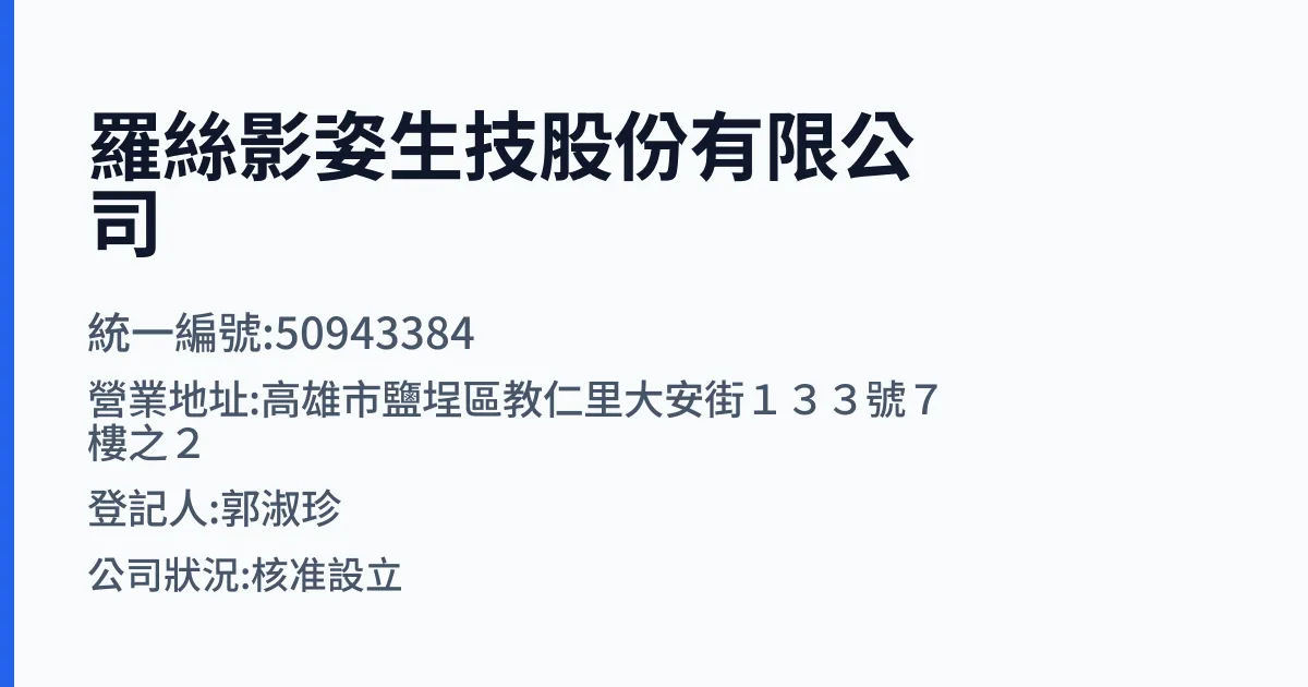 羅絲影姿生技股份有限公司 - 統編 50943384(高雄市) 公司登記資料與營業項目詳細圖表
