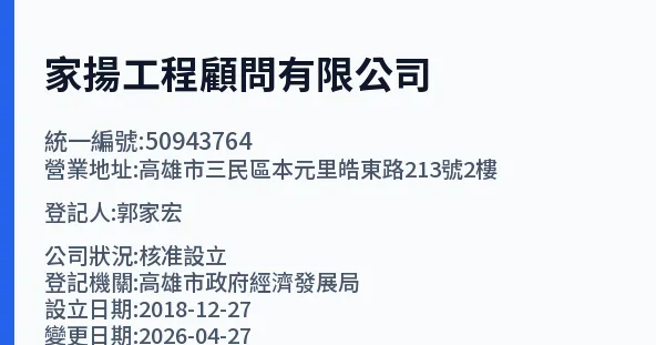 家揚工程顧問有限公司的照片-統編 50943764(高雄市) 公司登記資料與營業項目詳細圖表