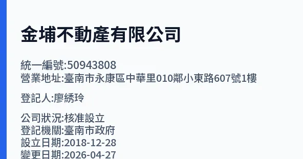 金埔不動產有限公司的照片-統編 50943808(臺南市) 公司登記資料與營業項目詳細圖表