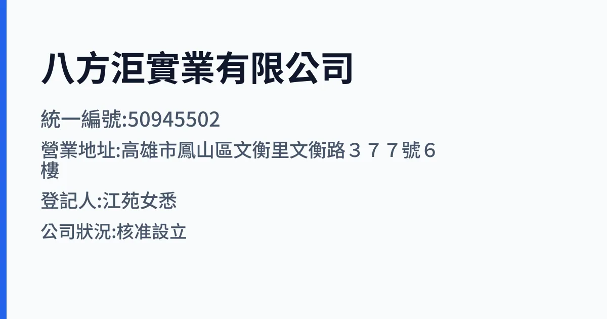 八方洰實業有限公司 - 統編 50945502(高雄市) 公司登記資料與營業項目詳細圖表