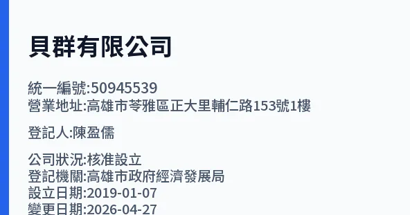 貝群有限公司的照片-統編 50945539(高雄市) 公司登記資料與營業項目詳細圖表