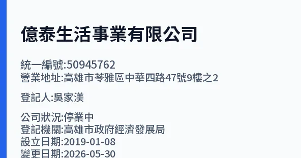 億泰生活事業有限公司的照片-統編 50945762(高雄市) 公司登記資料與營業項目詳細圖表