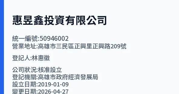 惠昱鑫投資有限公司的照片-統編 50946002(高雄市) 公司登記資料與營業項目詳細圖表