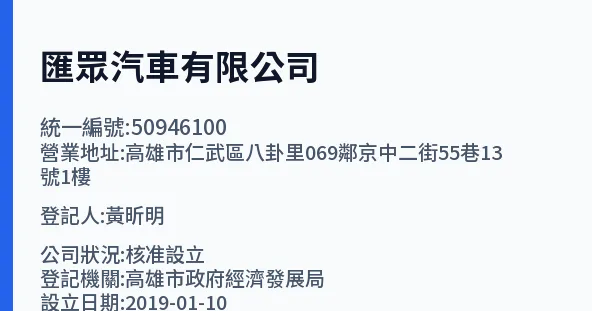 匯眾汽車有限公司的照片-統編 50946100(高雄市) 公司登記資料與營業項目詳細圖表