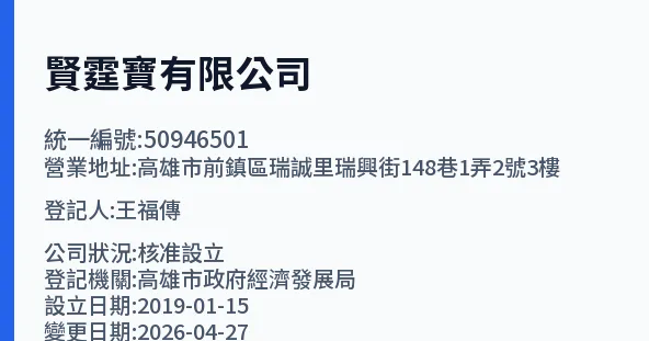 賢霆寶有限公司的照片-統編 50946501(高雄市) 公司登記資料與營業項目詳細圖表