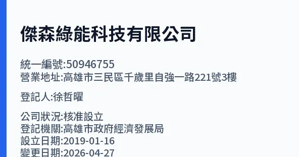 傑森綠能科技有限公司的照片-統編 50946755(高雄市) 公司登記資料與營業項目詳細圖表