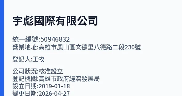 宇彪國際有限公司的照片-統編 50946832(高雄市) 公司登記資料與營業項目詳細圖表