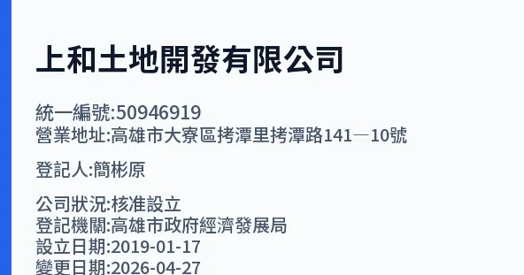 上和土地開發有限公司的照片-統編 50946919(高雄市) 公司登記資料與營業項目詳細圖表