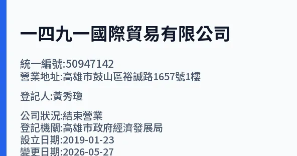 一四九一國際貿易有限公司的照片-統編 50947142(高雄市) 公司登記資料與營業項目詳細圖表