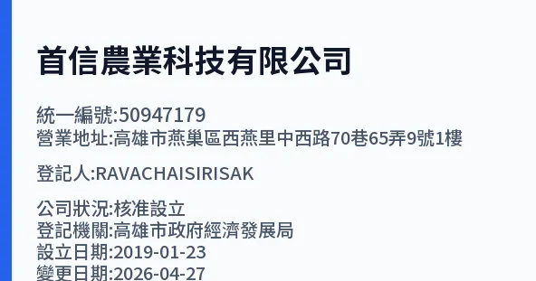 首信農業科技有限公司的照片-統編 50947179(高雄市) 公司登記資料與營業項目詳細圖表