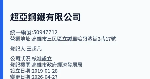 超亞鋼鐵有限公司的照片-統編 50947712(高雄市) 公司登記資料與營業項目詳細圖表