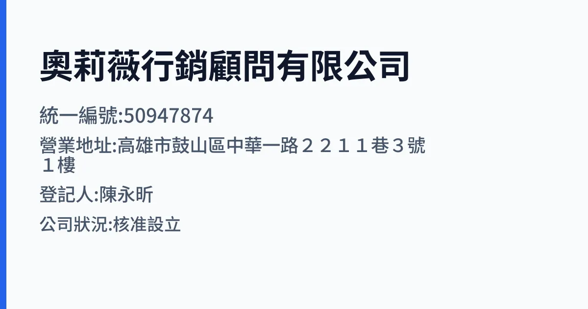 奧莉薇行銷顧問有限公司 - 統編 50947874(高雄市) 公司登記資料與營業項目詳細圖表