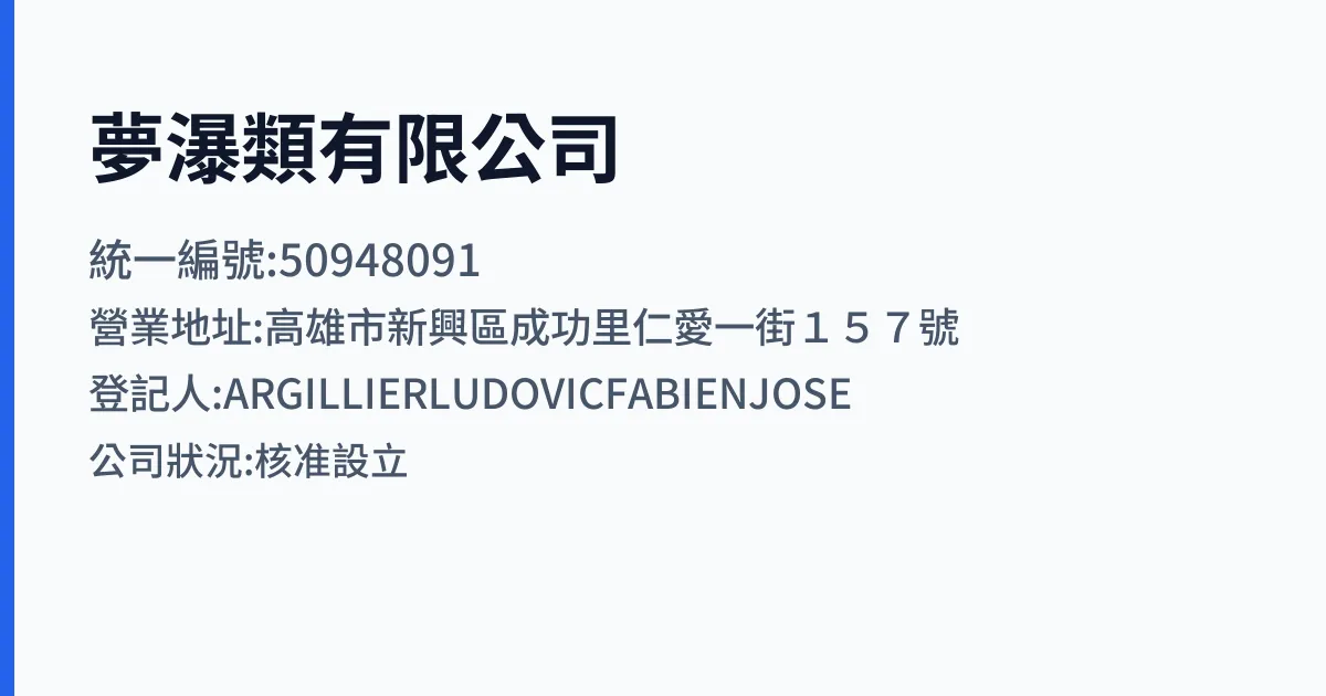 夢瀑類有限公司 - 統編 50948091(高雄市) 公司登記資料與營業項目詳細圖表