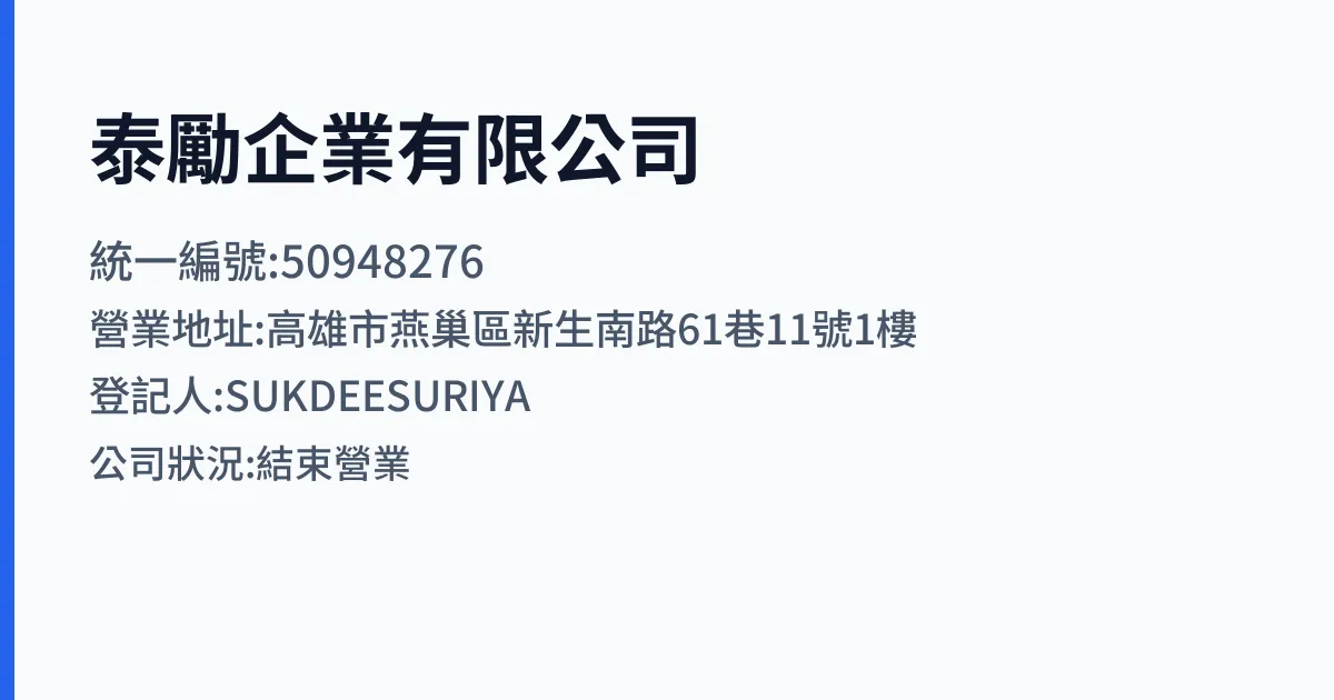 泰勵企業有限公司 - 統編 50948276(高雄市) 公司登記資料與營業項目詳細圖表