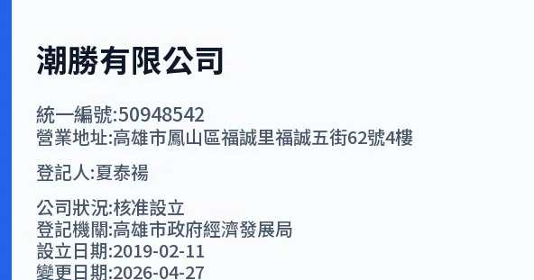 潮勝有限公司的照片-統編 50948542(高雄市) 公司登記資料與營業項目詳細圖表