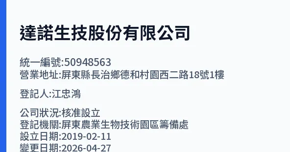 達諾生技股份有限公司的照片-統編 50948563(屏東縣) 公司登記資料與營業項目詳細圖表