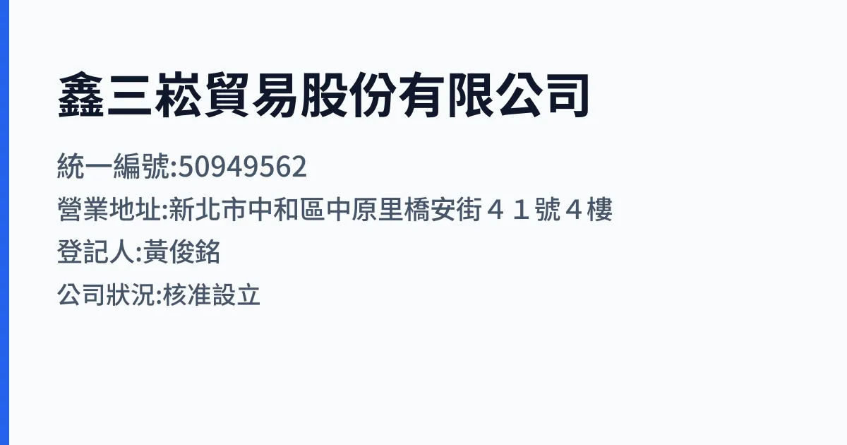 鑫三崧貿易股份有限公司 - 統編 50949562(新北市) 公司登記資料與營業項目詳細圖表