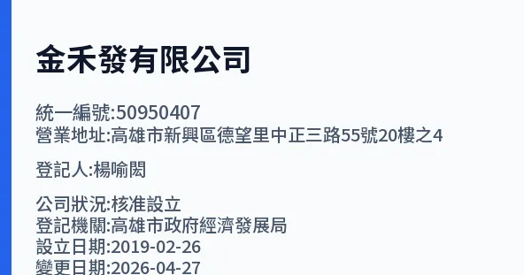 金禾發有限公司的照片-統編 50950407(高雄市) 公司登記資料與營業項目詳細圖表