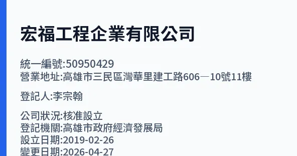宏福工程企業有限公司的照片-統編 50950429(高雄市) 公司登記資料與營業項目詳細圖表