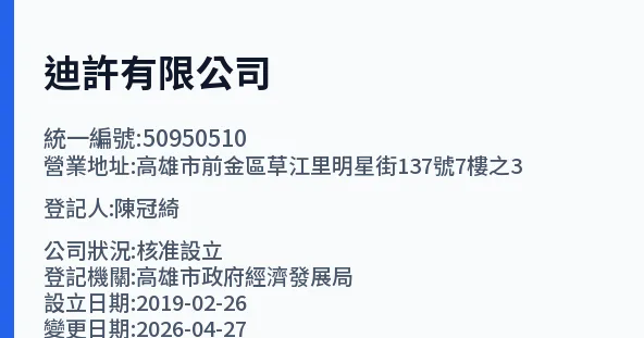 迪許有限公司的照片-統編 50950510(高雄市) 公司登記資料與營業項目詳細圖表