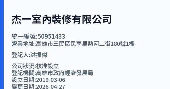 杰一室內裝修有限公司的照片-統編 50951433(高雄市) 公司登記資料與營業項目詳細圖表