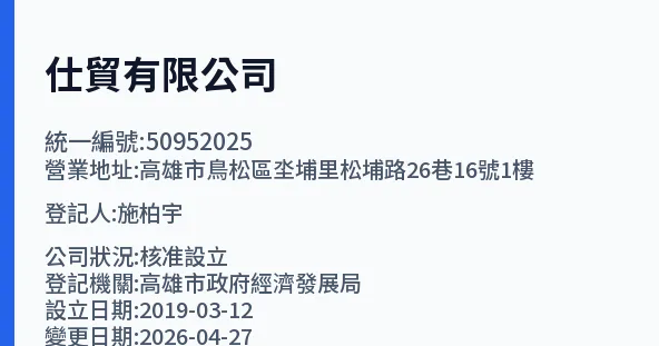 仕貿有限公司的照片-統編 50952025(高雄市) 公司登記資料與營業項目詳細圖表