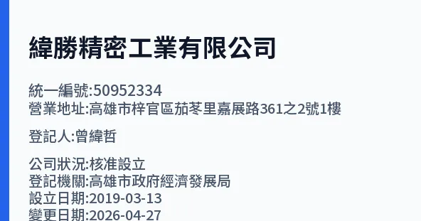 緯勝精密工業有限公司的照片-統編 50952334(高雄市) 公司登記資料與營業項目詳細圖表