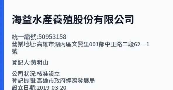 海益水產養殖股份有限公司的照片-統編 50953158(高雄市) 公司登記資料與營業項目詳細圖表