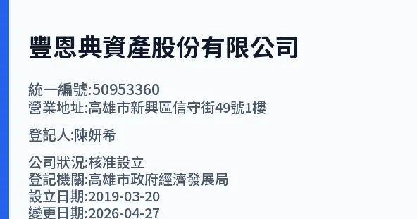 豐恩典資產股份有限公司的照片-統編 50953360(高雄市) 公司登記資料與營業項目詳細圖表