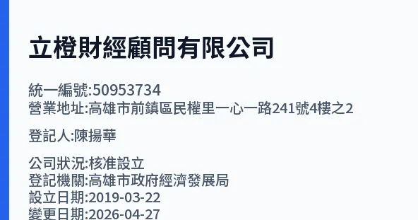 立橙財經顧問有限公司的照片-統編 50953734(高雄市) 公司登記資料與營業項目詳細圖表