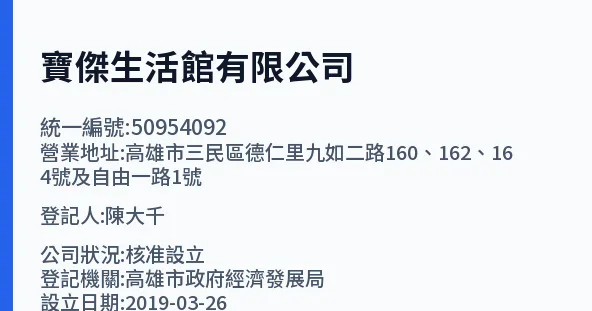 寶傑生活館有限公司的照片-統編 50954092(高雄市) 公司登記資料與營業項目詳細圖表