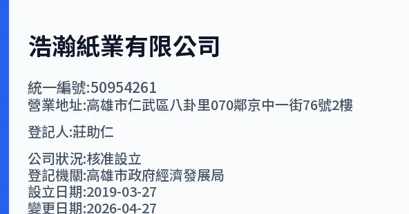 浩瀚紙業有限公司的照片-統編 50954261(高雄市) 公司登記資料與營業項目詳細圖表