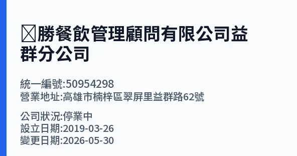 㱋勝餐飲管理顧問有限公司益群分公司的照片-統編 50954298(高雄市) 公司登記資料與營業項目詳細圖表