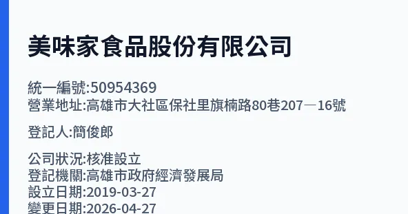 美味家食品股份有限公司的照片-統編 50954369(高雄市) 公司登記資料與營業項目詳細圖表
