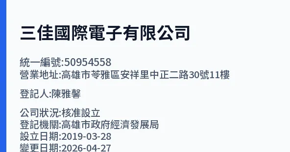 三佳國際電子有限公司的照片-統編 50954558(高雄市) 公司登記資料與營業項目詳細圖表