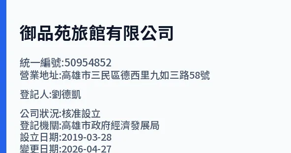 御品苑旅館有限公司的照片-統編 50954852(高雄市) 公司登記資料與營業項目詳細圖表
