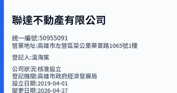 聯達不動產有限公司的照片-統編 50955091(高雄市) 公司登記資料與營業項目詳細圖表