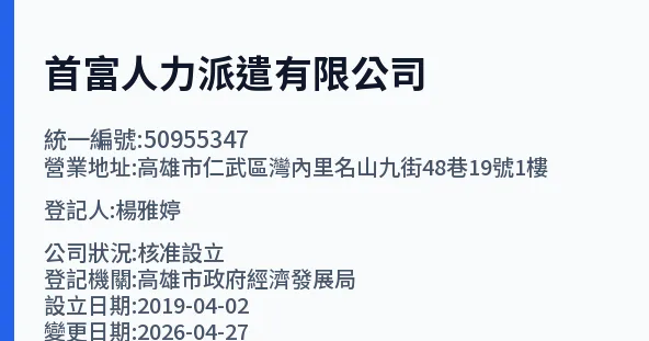 首富人力派遣有限公司的照片-統編 50955347(高雄市) 公司登記資料與營業項目詳細圖表