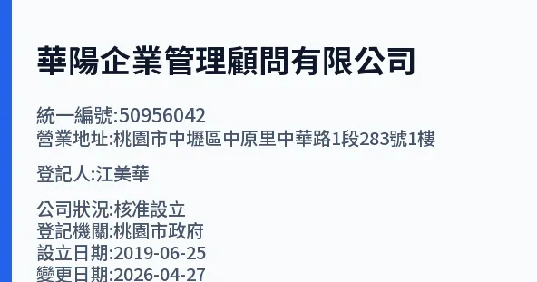 華陽企業管理顧問有限公司的照片-統編 50956042(桃園市) 公司登記資料與營業項目詳細圖表