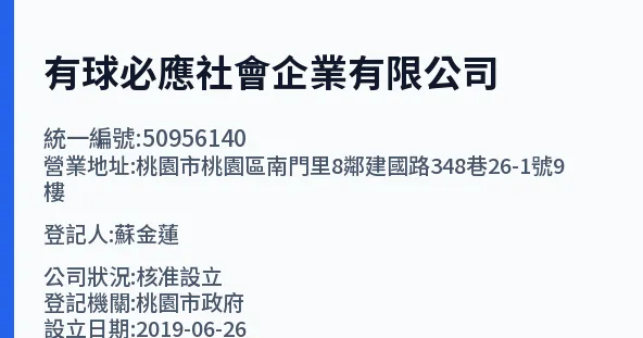 有球必應社會企業有限公司的照片-統編 50956140(桃園市) 公司登記資料與營業項目詳細圖表