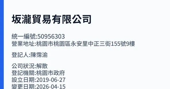 坂瀧貿易有限公司的照片-統編 50956303(桃園市) 公司登記資料與營業項目詳細圖表